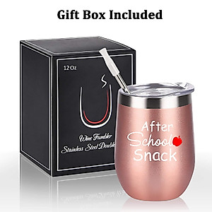 Teacher Gifts-After School Snack Wine Tumbler, Funny Teacher Appreciation Christmas Year End Graduation Gifts for Teacher, Thank You Gifts for Teacher, 12oz Insulated Stainless Steel Tumber, Rose Gold