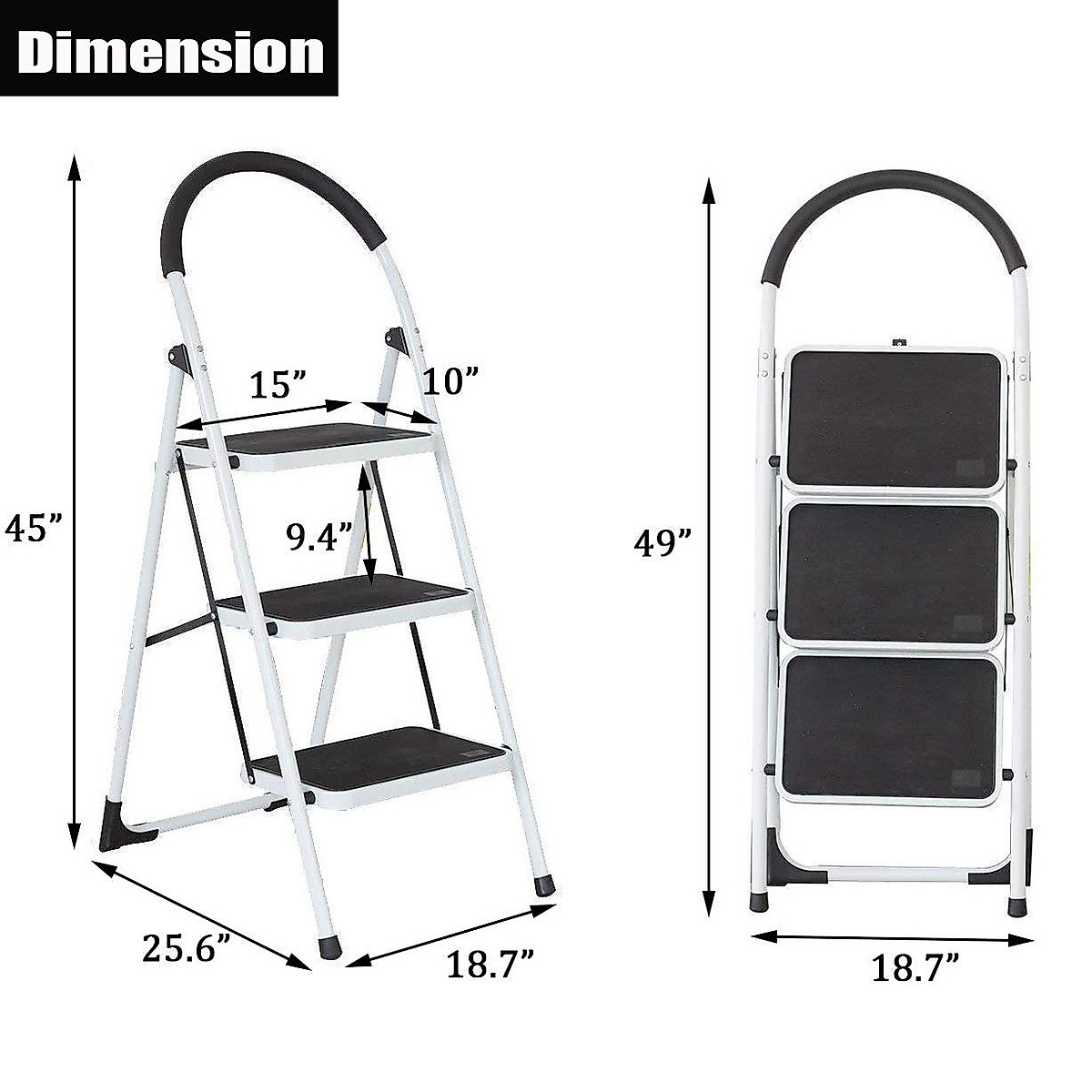 KARMAS PRODUCT Folding 3 Step Ladder Portable Steel Step Stool Wide Platform with Handgrip for Kitchen Home 330lb Capacity
