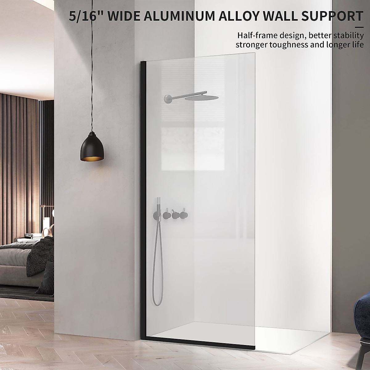 Bathroom Shower Door Screen, 34 in. W x 74 in. H Single Panel Frameless Shower Screen with Tempered Glass, for Bathroom and Bathtub, Clear Shower Door Screen with Matte Black Rods