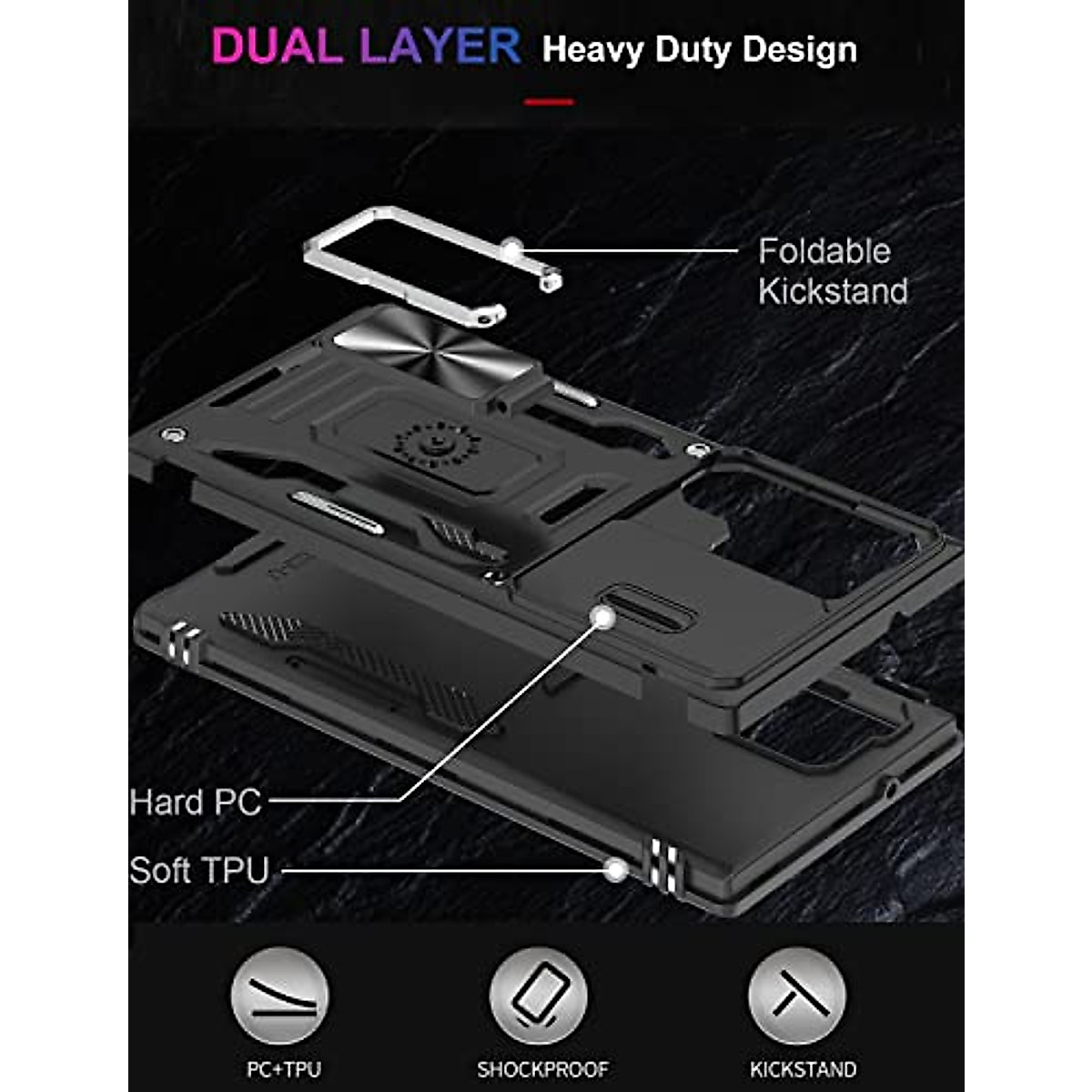 IKAZZ Galaxy S23 Ultra Case with Camera Cover,Samsung S23 Ultra Cover Pass 16ft Drop Test Military Grade Shockproof Protective Phone Case with Kickstand for Samsung Galaxy S23 Ultra Black