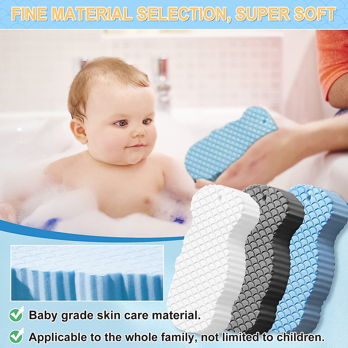 oUUoNNo 3pcs Exfoliating Bath Sponge, 3D Super Soft Magic Exfoliating Sponge Dead Skin Remover for Adults Children and Pregnant Women (White+Blue+Grey)