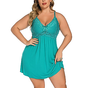 Ababoon Plus Size Lingerie for Women Lace Modal Chemises Nightgown V-Neck Full Slip Babydoll Sleepwear Size L-4XL (Turquoise,Large)