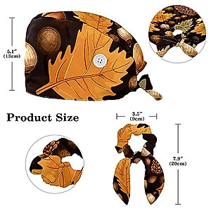 Happy Thanksgiving Acorns Bouffant Working Cap with Ribbon Tie for Women Long Hair, Scrub Surgical Hat, One Size Head Cover