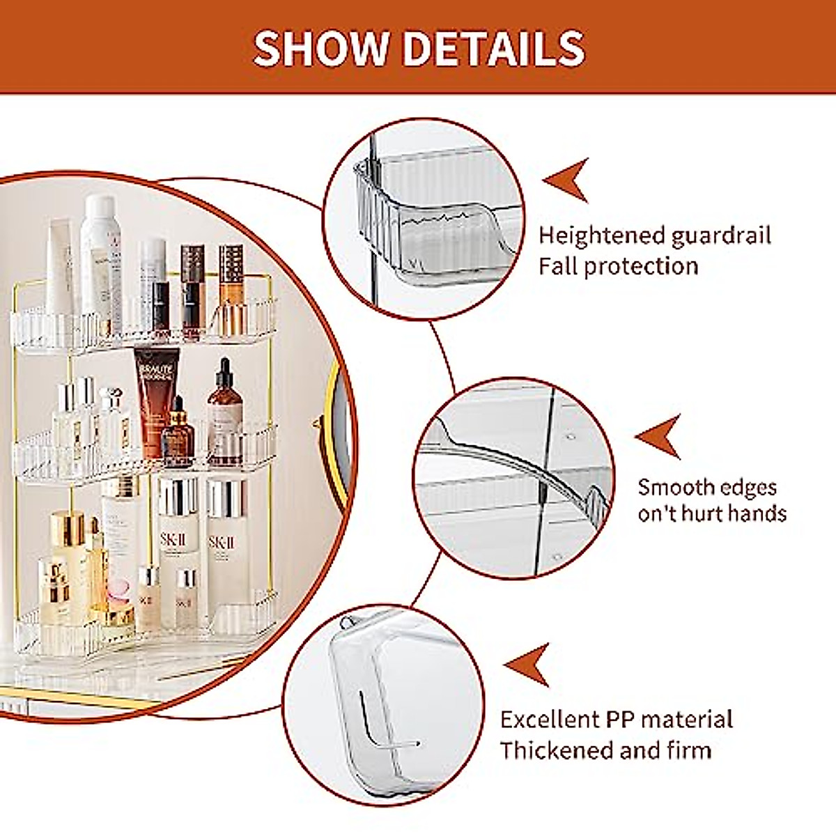YCIA&DONE Corner Counter Bathroom Organizer Countertop, 3 Tiers Cosmetic Perfume Tray, Vanity Organizer for Makeup, Skincare, Clear Corner Rack for Bedroom, Bathroom, Kitchen(Clear White)