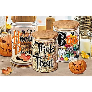 Halloween Decor 3 Pack Glass Storage Jars with Airtight Bamboo Lid - Hocus Pocus Canisters Sets for Kitchen Countertop - Clear Halloween Glass Storage Jars for Coffee Bean, Cookie, Candy, Tea, Flour