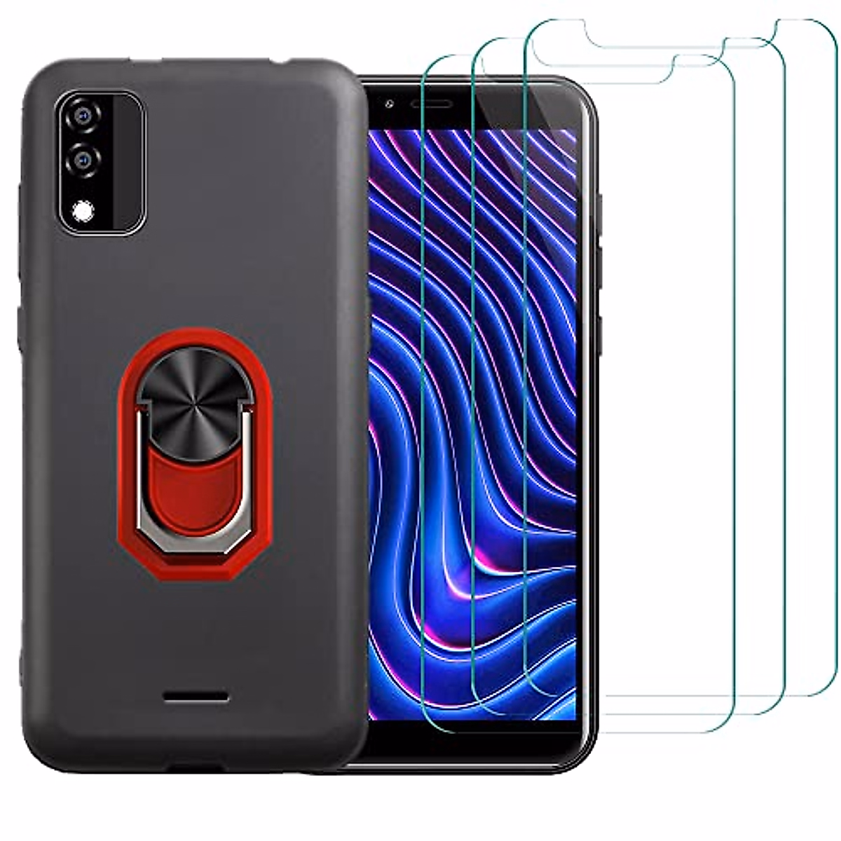 Futanwei Compatible with BLU C5 Max Case & Screen Protectors | BLU C5 Max Case with Ring Grip Finger Holder Stand | [3 Pack] BLU C5 Max Tempered Glass Screen Protectors | Slim Matte Black TPU Case