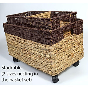 PEMAR Set 2 (different sizes nesting in a set) Natural Wicker Rolling Storage Baskets on Wheels w Insert Handle, Under Table Under Desk Storage Bins, Mobile File Cabinet Organiser. Water Hyacinth