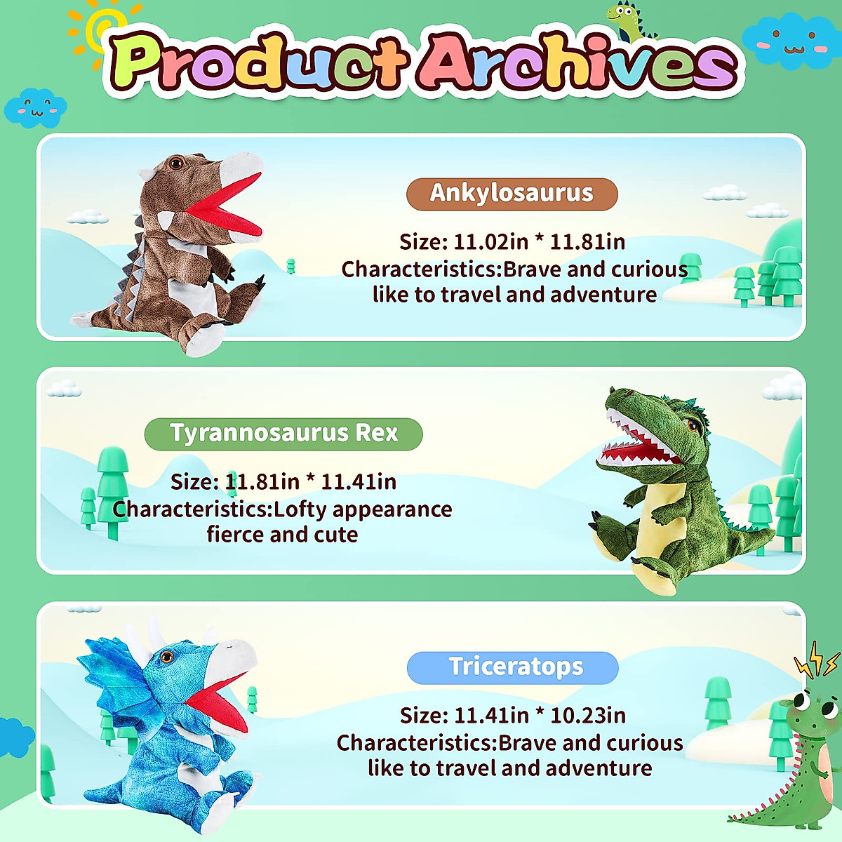 3Pcs Dinosaurs Plush Toys, Dinosaur Hand Puppets Kids Toys,Stuffed Animals Plush Toys Interactive Games for Boys Girls Age 4 5 6 7 8