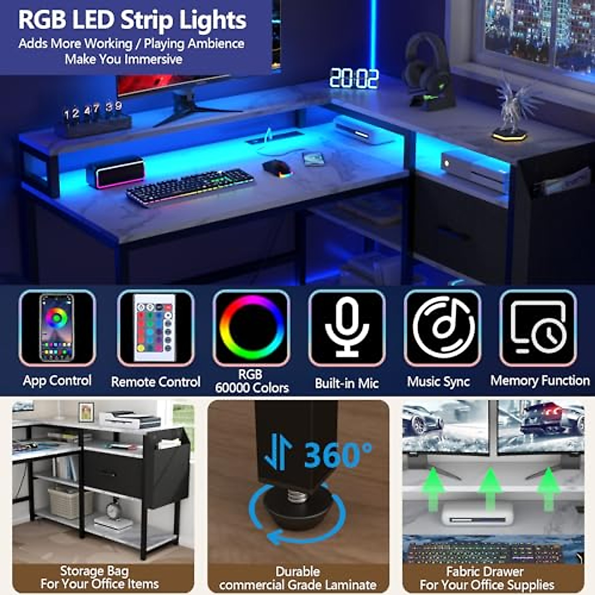 Loomie L Shaped Computer Desk with Power Outlets, 55"x41"D Reversible Corner Desk with LED Light, Drawer & Monitor Stand, Home Office Gaming Desk with 4 Tier Storage Shelves & Bag, White Faux Marble