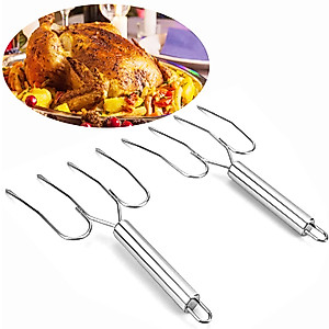 Thanksgiving Turkey & Roast Lifters, Stainless Steel Roaster Forks, Transfer Chicken or Ham Poultry Lifters Easily, Four Needle Meat Fork, Set of 2