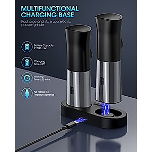Gravity-Electric-Salt-and-Pepper-Grinder-Set - 𝐔𝐩𝐠𝐫𝐚𝐝𝐞𝐝 Large Capacity - USB Rechargeable Automatic Pepper Mill Grinder - Adjustable Coarseness - One Hand Operated - Stainless Steel, LED Light