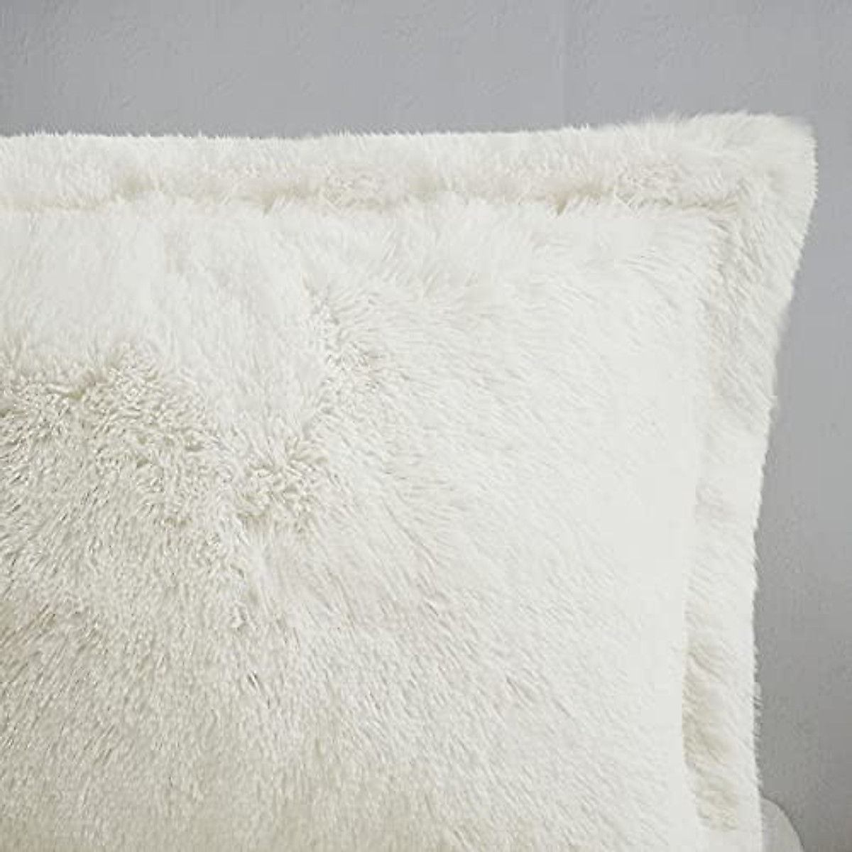 Intelligent Design Malea Shaggy Duvet with Quilted Box Design, Long Faux Fur Comforter Cover Cozy Bedding Set, Matching Shams, (Insert Not Included) Full/Queen, Ivory 3 Piece, 90x90