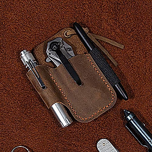 EASYANT Handmade Leather Sheath for Folding Knife Flashlight Organizer EDC Tools Brown