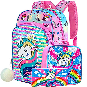 AGSDON 3PCS Unicorn Backpack for Girls, 16" Little Kids Sequin Preschool School Bookbag and Lunch Box