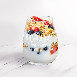 DAZLUTE Raising Tiny Humans Ain’t Easy Stemless Wine Glass, Mother’s Day Father’s Day Christmas Birthday Gag Gifts for Dad Mom New Parents Women Men from Kids Wife Husband, Funny 15Oz Wine Glass