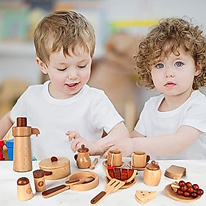 WHOHOLL Wooden Tea Set for Little Girls, Natural Wood Toys Tea Party Set, Kids Tea Set for Toddlers 1-3, Baby Play Tea Cup Set for Pretend Play, Play Kitchen Accessories with Storage Bag