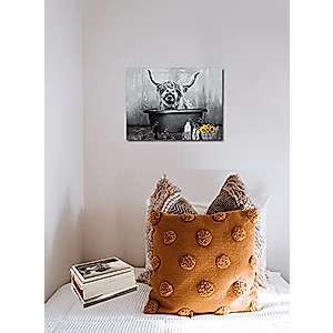 fengyuyi Highland Cow Wall Art Funny Bathroom Decor Cow in Bathtub Picture Animal Black and White Canvas Print Longhorn Farmhouse Wall Decor Stretched and Framed Ready to Hang 12x16inch