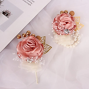 WANLIAN Rose Wrist Corsage Wristlet Band Bracelet Boutonniere,Wrist Corsage Hand Flowers Decor for Wedding Bridal Prom Party Accessories (Pink)