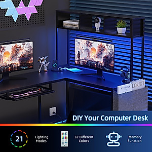 Shintenchi 66" L Shaped Home Office Desk, Reversible Gaming Desk with LED Lights and Power Outlet, Computer Desk with Keyboard Tray, Hook, Storage Bag and Shelf for Home Office, Black