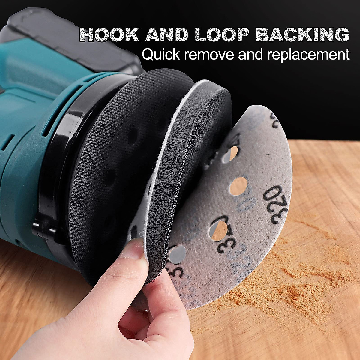 POLIWELL 120pcs 5 Inch Sanding Discs Hook & Loop 8 Holes Wet Dry 320 400 600 800 1000 2000 3000 Grit Orbital Sandpaper with 2pcs Interface Pads, Silicon Carbide Round Flocking Sandpaper