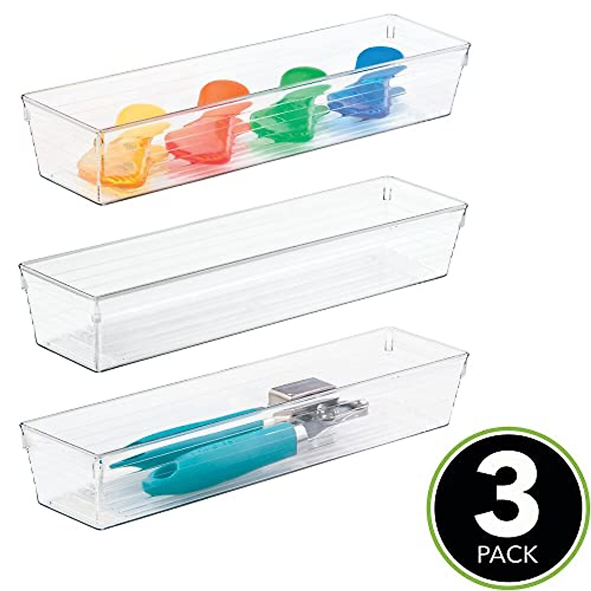 mDesign Plastic Kitchen Cabinet Drawer Organizer Tray - Storage Bin for Cutlery, Serving Spoons, Cooking Utensils, Gadgets - BPA Free, Food Safe, 12" Long, 3 Pack - Clear