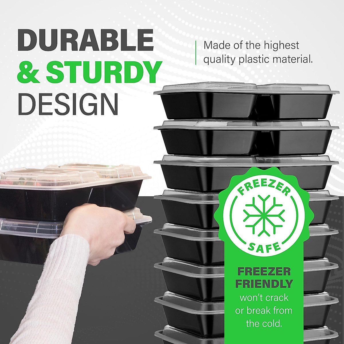 Ez Prepa 15 Pack 32oz 3 Compartment Meal Prep Containers with Lids -Food Storage Containers Plastic, Bento Box, Lunch Containers, Microwavable, Freezer and Dishwasher Safe, Food Containers