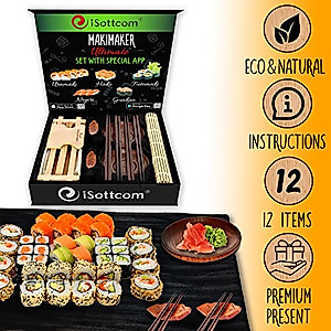 Isottcom Sushi Making Kit - Premium Sushi Set, Soy Sauce Mixing Bowls, Chopsticks with Holders, Bamboo Mat - Sushi rolling Kit for Home - Sushi roller Mobile App Sushi Maker Kit in Amazing Gift Box
