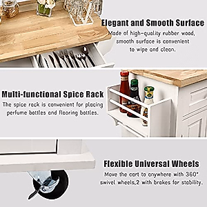 NSdirect Kitchen Island Cart,Kitchen Bar&Serving Cart Rolling on Wheels with Spice Rack Towel Holder Utility Storage Trolley with Storage Drawers for Home Hotel Kitchen Dinning Room(White)