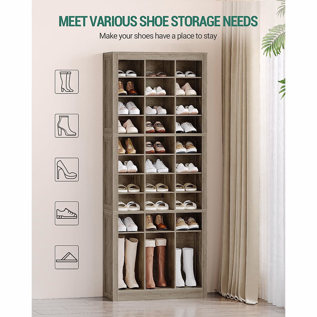 Hzuaneri Shoe Storage Cabinet, 36 Pairs Free Standing Closet Organizer, 8.8 inch Widened Cell Wood Shoe Organizer, 12 Tiers Vertical Space Saving Shoe Rack for Entryway, Bedroom, Greige SR20705B