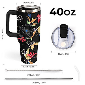 40oz Insulated Tumbler with Handle & Straw Stainless Steel Vacuum Sealed Water Bottle Leakproof Travel Mug for Car, Outdoor & Home BPA-Free Double Wall Cold Hot Beverage Thermos Flower