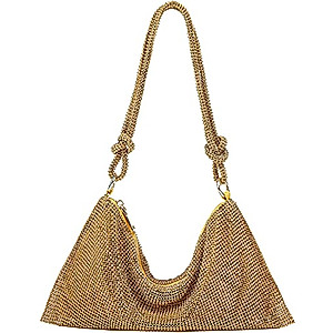 Rhinestone Hobo Bag for Women Chic Evening Handbag Shiny, Sparkly Crystal Handbag Shoulder Bags for Travel Vacation Party Proms Gifts (Gold)