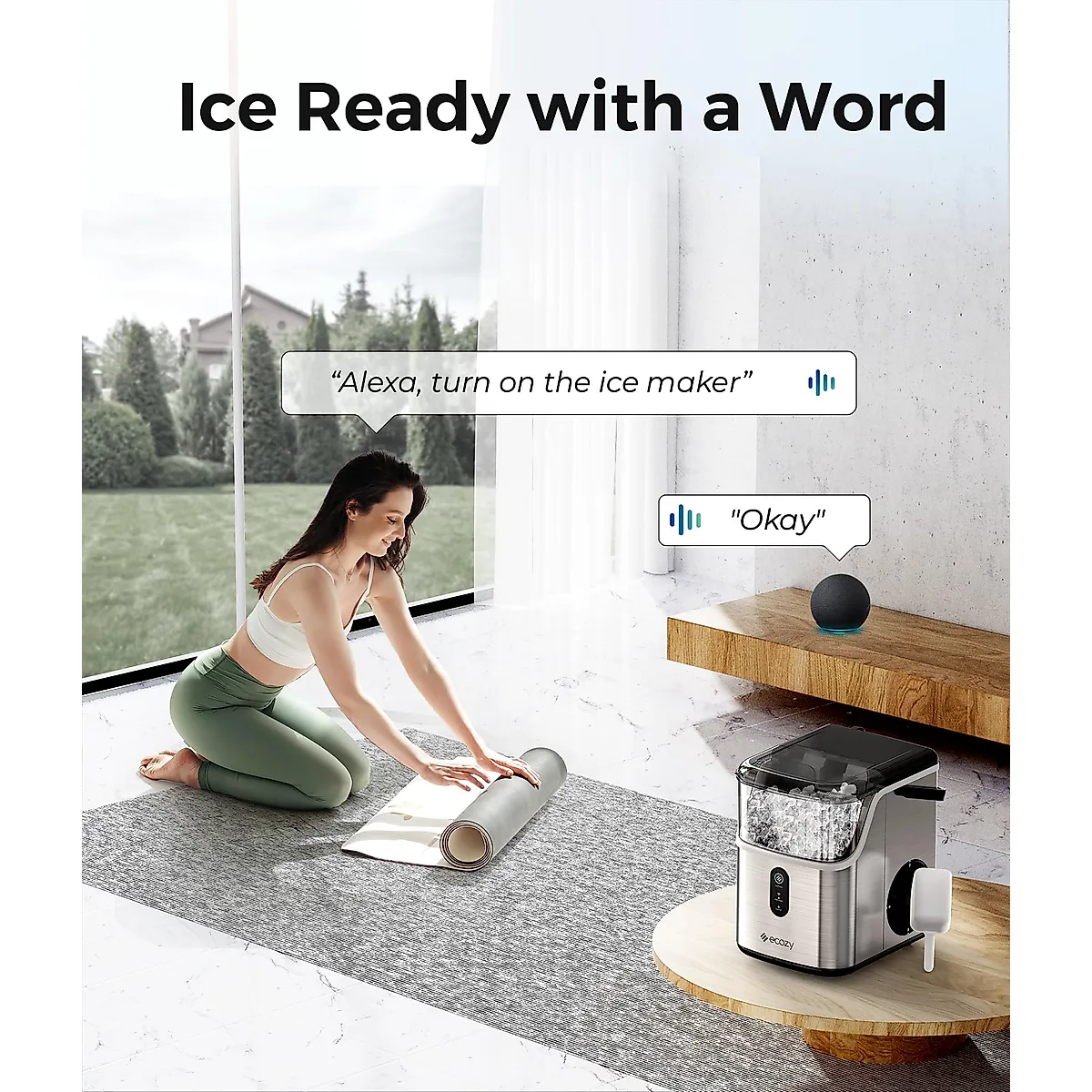 ecozy Smart Nugget Ice Maker Countertop, Pebble Ice Maker with 35lbs/24H Soft Chewable Ice, Self-Cleaning Ice Machine with Voice Control for Home Kitchen Party Bar Office, Stainless Steel
