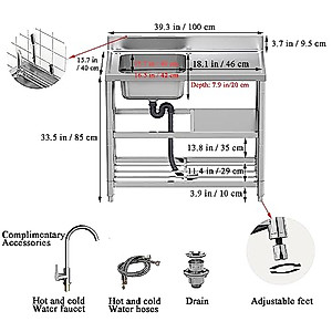 IOXGSGI Free Standing Stainless-Steel Single Bowl Commercial Restaurant Kitchen Sink Set W/Faucet & Drainboard, Prep & Utility Washing Hand Basin Wwworkbench & Double Storage Shelves (39.5In)