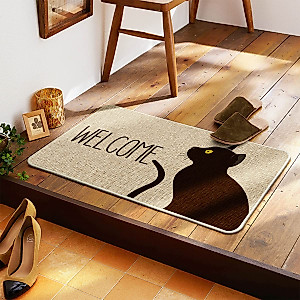 Artoid Mode Black Cat Welcome Decorative Doormat, Pet Halloween Floor Mat Switch Mat for Indoor Outdoor 17 x 29 Inch