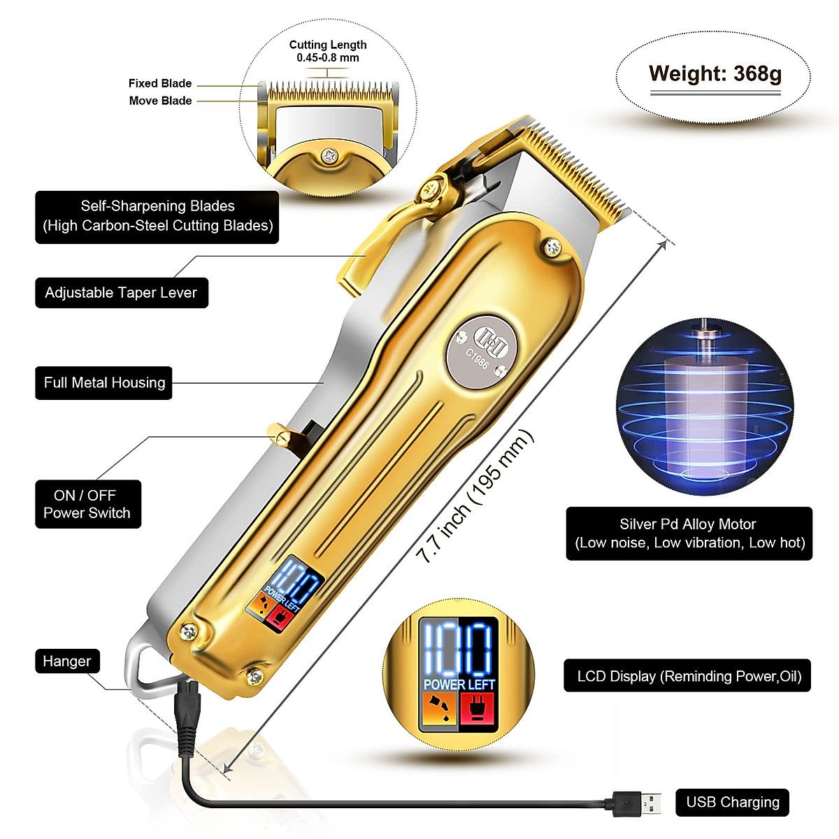 CIICII Hair Clippers for Men Professional, Cordless Barber Clippers for Hair Cutting (12Pcs Rechargeable USB Adjustable LCD Display Hair Beard Grooming Trimming Haircut Kit) for DIY Home Barber Salon
