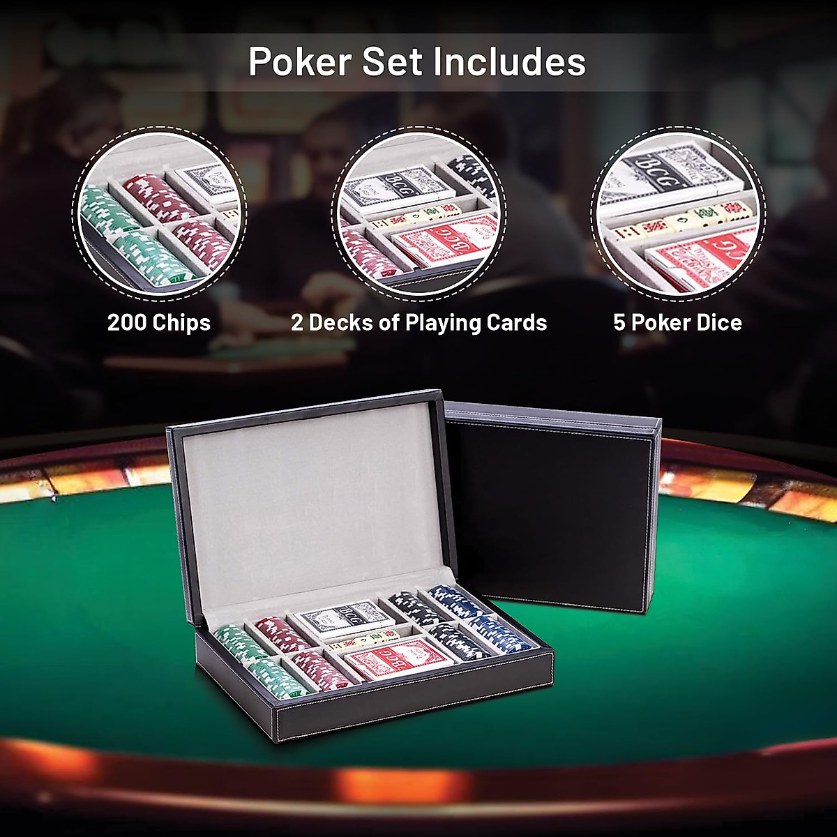 Bey-Berk Custom Personalized Black Leather case with with Playing Cards, Chips, and Poker Dices