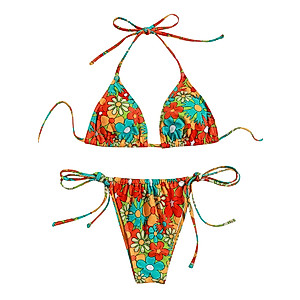 SOLY HUX Women's Floral Print 2 Piece Swimsuits Bikini Set Halter Triangle Swimwear Sexy Bathing Suit