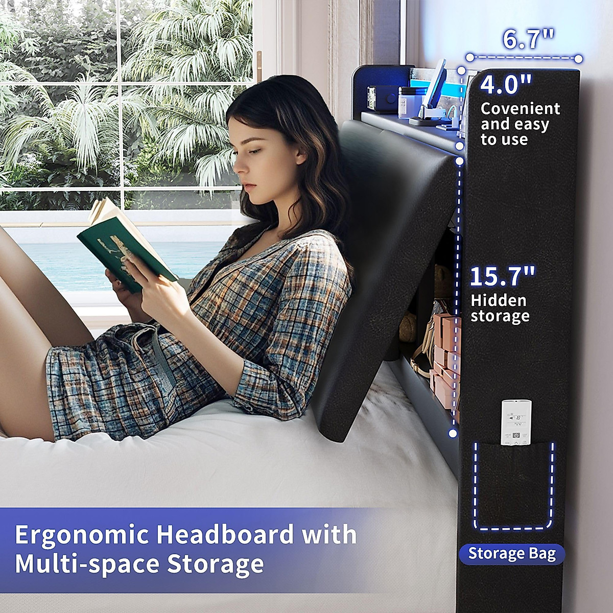 Full Size Bed Frame with Ergonomic Headboard, LED Lights Bed Frame with Hidden Storage, PU Leather Upholstered Platform Metal Bed with Charging Station , No Box Spring Needed, Heavy Duty, Black&Brown