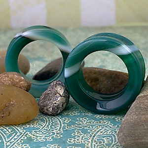 Mystic Metals Body Jewelry Pair of Green Line Agate Stone Concave Double Flared Tunnels (STN-746) (5/8" (16mm))