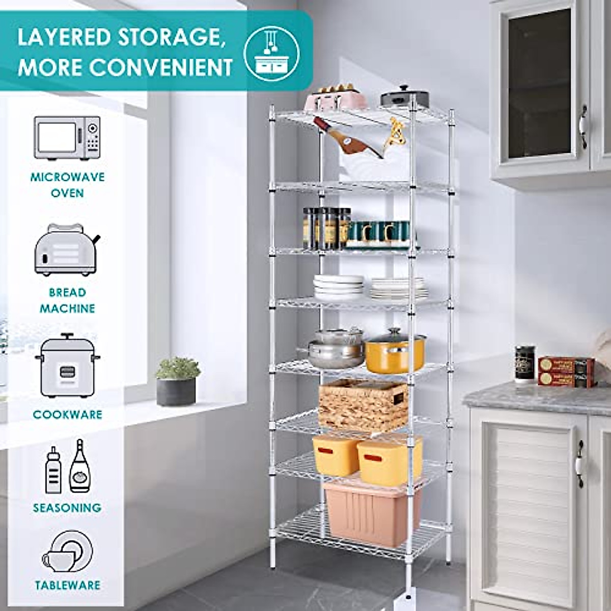 8 Tier Tall Wire Shelving Unit, Adjustable Wire Shelves with NSF Certified, Narrow Metal Storage Rack Shelf Unit for Kitchen, Laundry, Bathroom (13.8" D x 23.6" W x 71" H, Chrome)