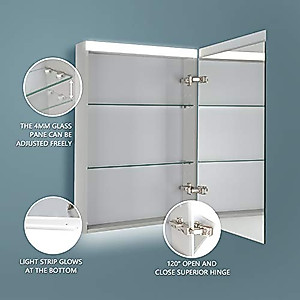ES-DIY 20''x 30''LED Lighted Bathroom Medicine Cabinet with Mirror, Surface Lighted Medicine Cabinet,Dimmable,Adjustable Shelve,Intelligent Switch Medicine Cabinet, Aluminum Frame,Hinge On Right Side