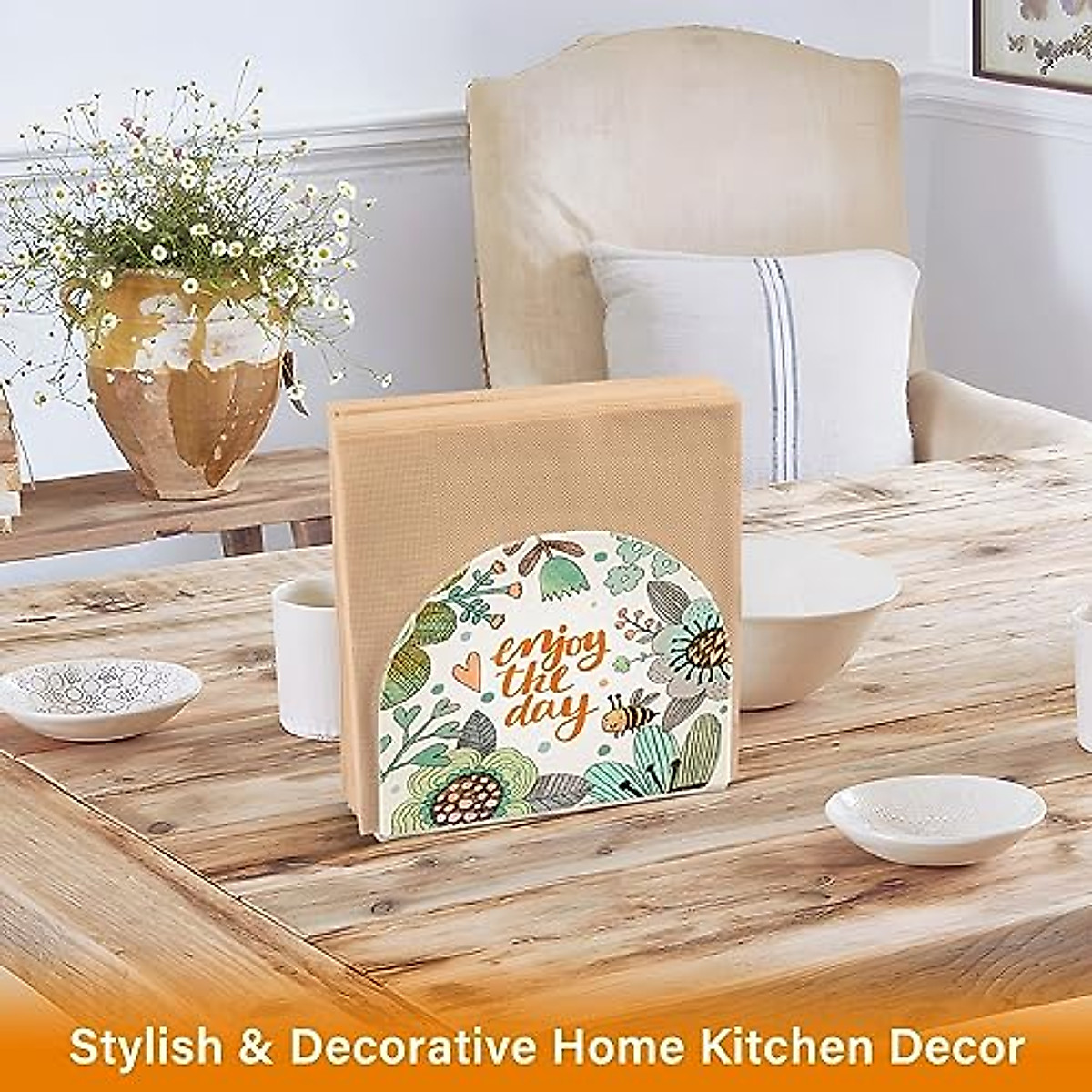 Napkin Holder, Clear Acrylic Paper Napkin Holders Flowers and Bees Enjoying The Day Tissue Box Dispenser Stand Tabletop Space Saver Upright Napkin Towel Holders for Kitchen Restaurant Home Decor