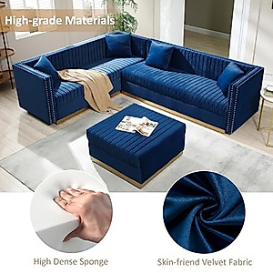 GNIXUU Convertible 6 Seater U Shaped Corner Sofa, L Shaped Sectional Couch Set with Ottoman, 2 Pieces 3 Seat Velvet Couches for Living Room, Large Space, Blue