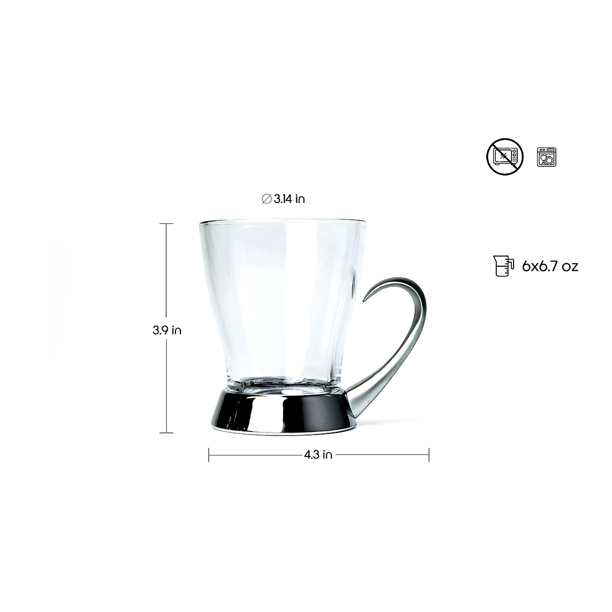 Rigeli Stainless Steel Set of 6 Tea Cups Glass Tea Cups With Stainless Steel Handle, 6.7 (oz), 200 (ml) Clear Coffee Mugs, Tea Glasses tea and coffee