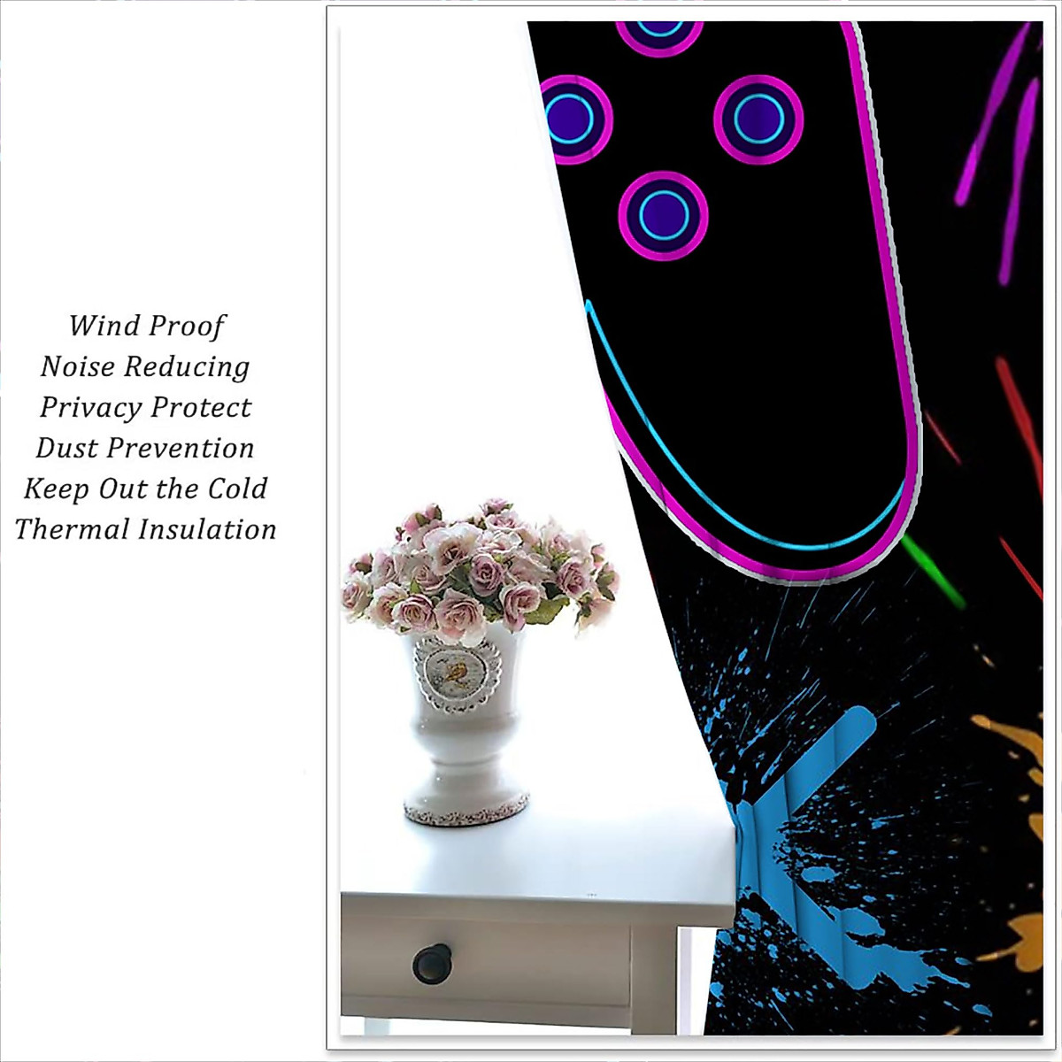 LHROOMJK Gamer Gaming Gamepad Rod Pocket Blackout Curtains for Boy Girl Bedroom, Colorful Splash Art Video Game Controller Thermal Insulated Home Window Drapes for Living Room Darkening, 42x45 inch