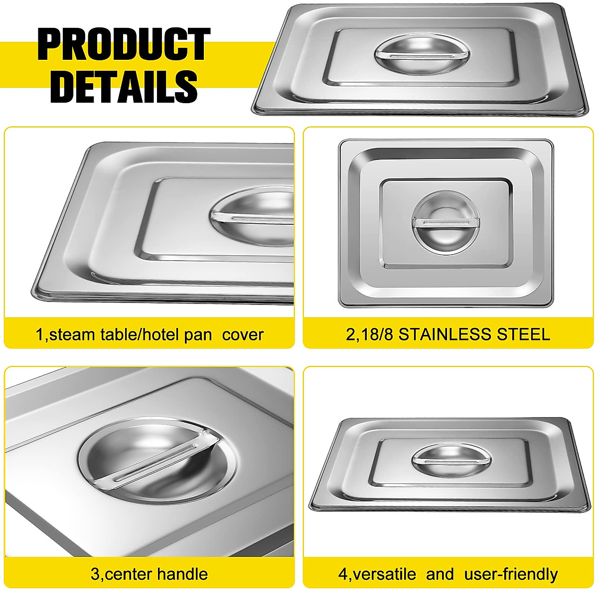 8 Pack Steam Table Pan Lids Solid Hotel Pan Covers Bulk 304 Stainless Steel Roasting Food Tray Lids with Handle for Restaurant Buffet Catering (12.8 x 10.4 Inch, 1/2 Half Size)