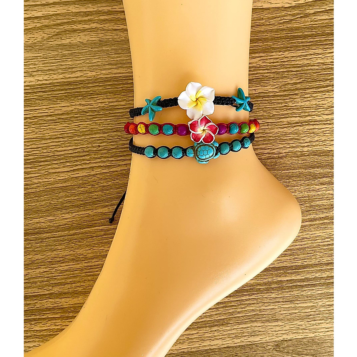 LAVIP Leather Anklet or Bracelet Starfish Turquoise Hawaiian Plumeria Flower Starfish Turquoise Hemp Bracelet