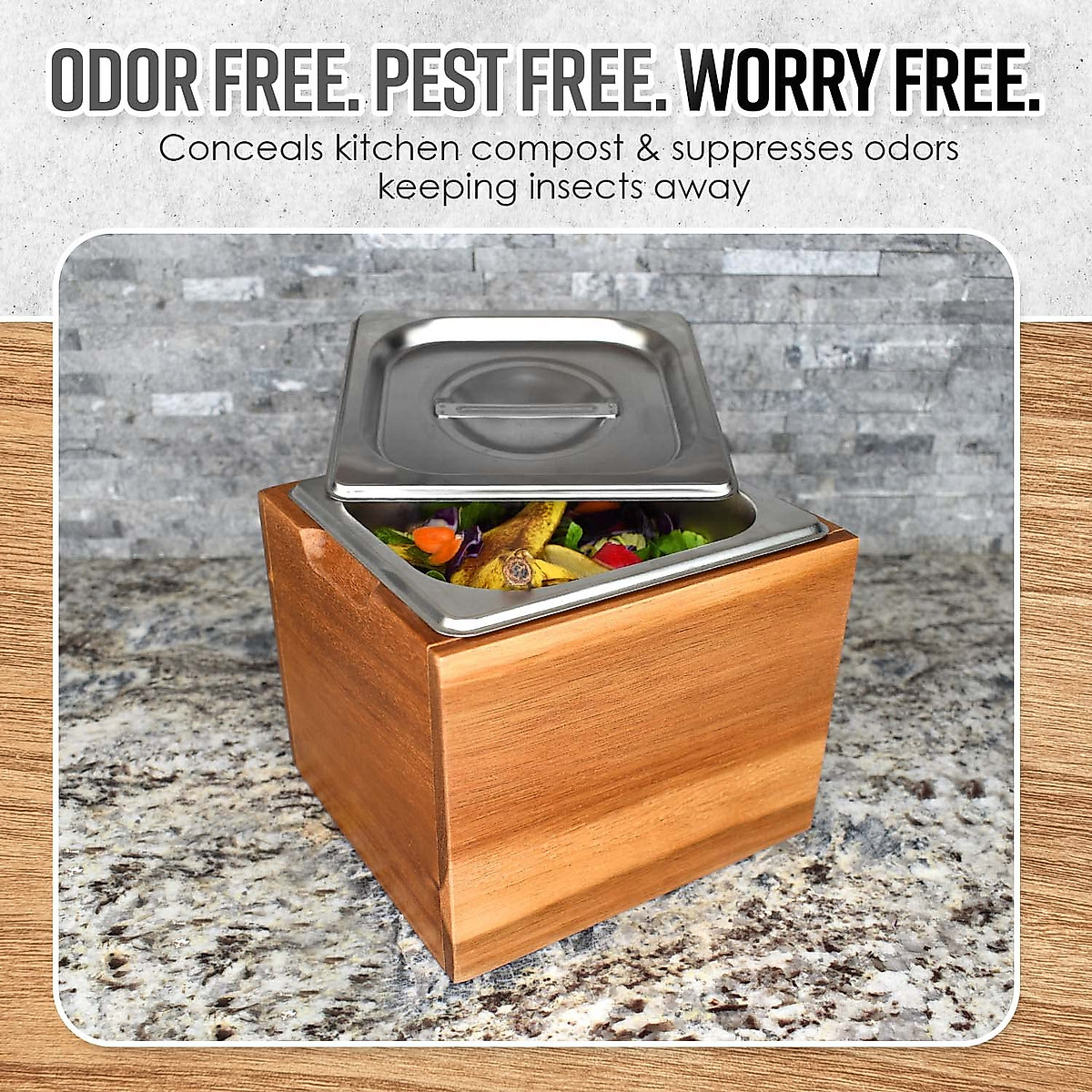 BelleMark Kitchen Compost Bin- Rust Proof Stainless Steel Insert, Countertop Compost Bin with Lid and Acacia Wood Box- Small Compost Bin Kitchen