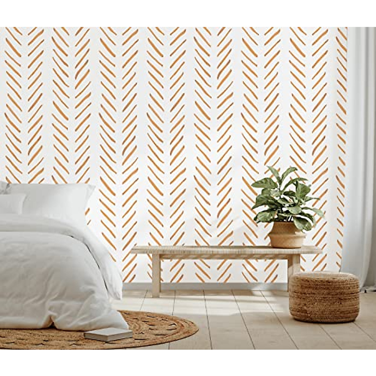 HAOKHOME 96101-3 Boho Peel and Stick Wallpaper Brush Strokes Stripes Removable Terracotta/White Chevron Vinyl Self Adhesive Mural 17.7in x 9.8ft