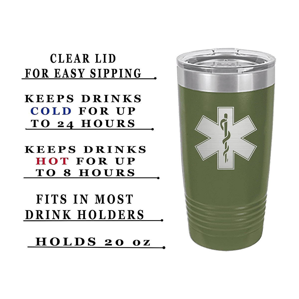 Rogue River Tactical EMT EMS Star of Life 20 Oz. Travel Tumbler Mug Cup w/Lid Paramedic (Green)